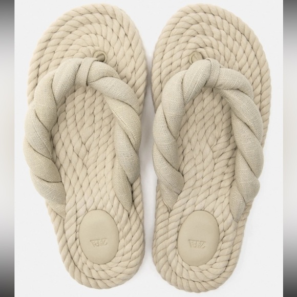 Zara | Shoes | Zara Woven Fabric Sandals Beige Braided Flip Flops ...